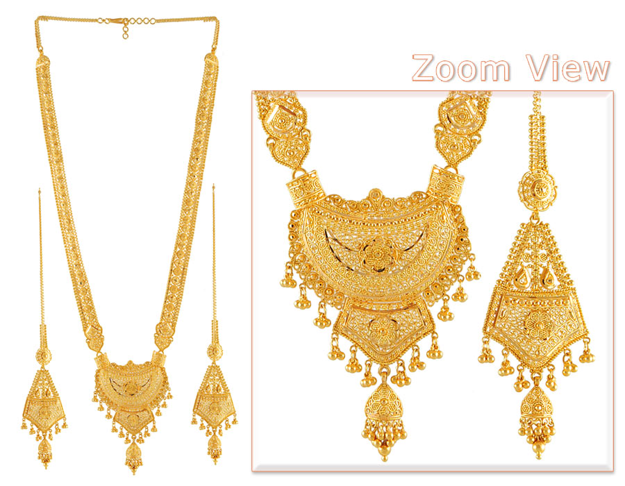 22k Gold Indian Bridal Patta Set - StBr4420 - 22K Gold Long Necklace and Earrings Set also known ...