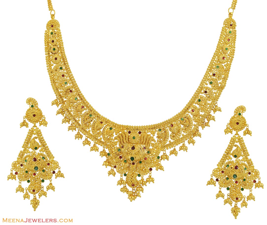 22K Yellow Gold Necklace Set - StGd10500 - 22K gold necklace set is exclusively hand crafted in ...