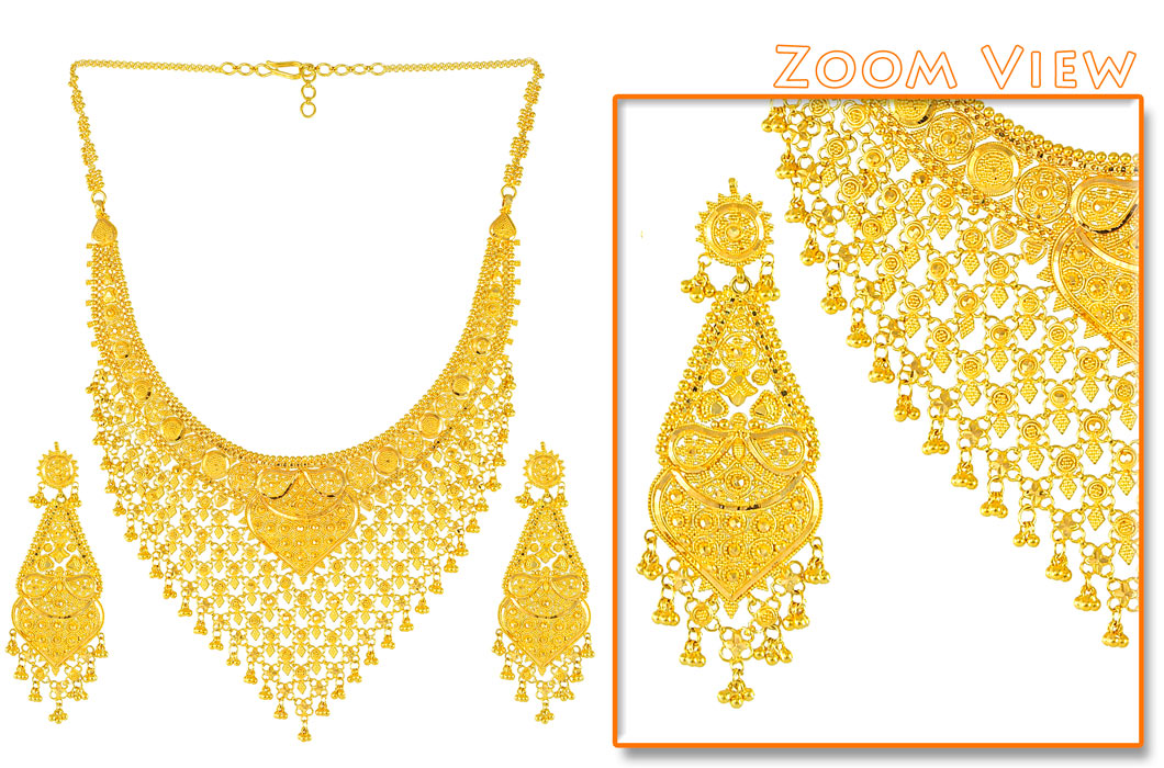 22Kt Gold Filigree Set (Necklace and Earrings) - StBr2582 - 22 Kt gold ...