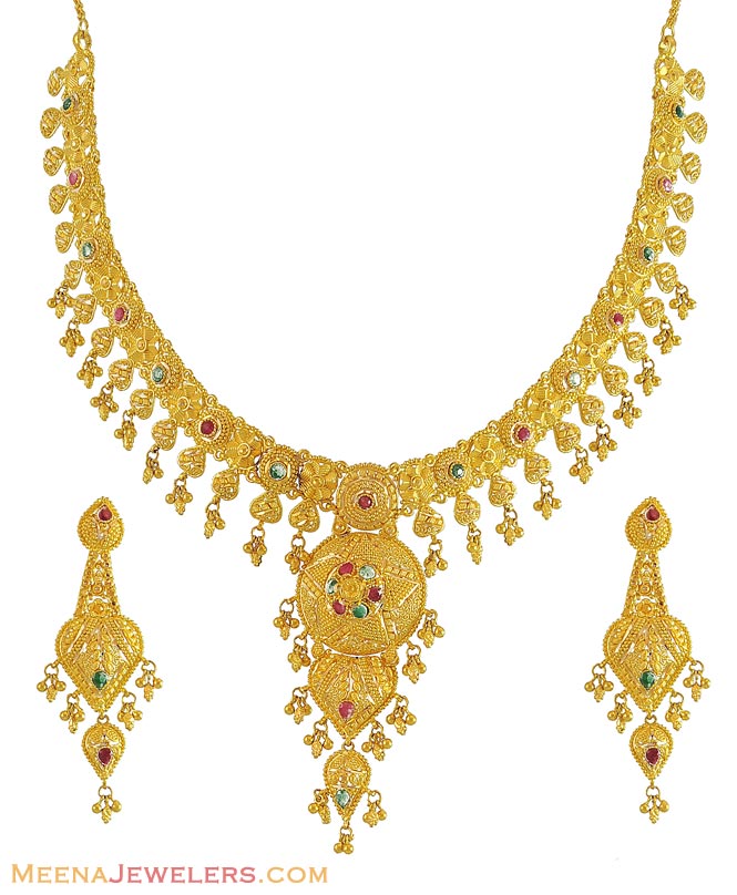 Indian Fancy Necklace Set - StGd11007 - 22K Gold Necklace and Earrings ...