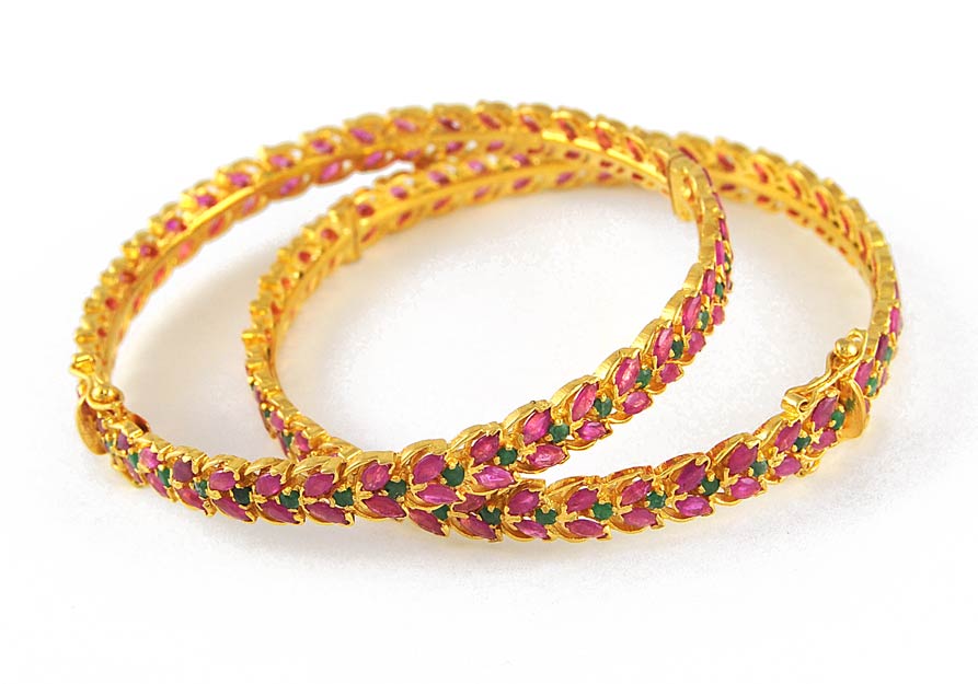 Gold Bangles with Ruby and Emerald - BaPs4466 - 22Kt Gold Bangles (2 ...