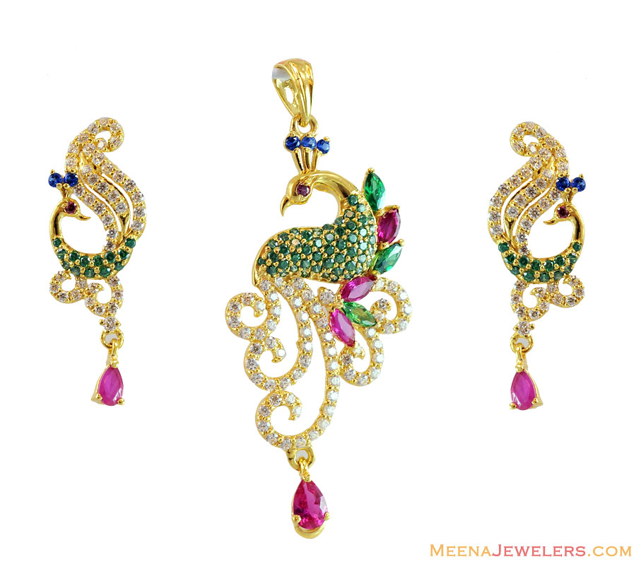 22k Gold Peacock Pendant Set - PsFc14294 - 22k gold peacock style ...