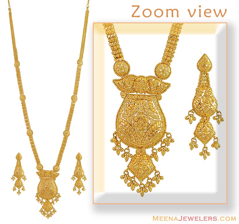 22K Gold Patta Necklace Set - StBr10054 - 22K Indian Necklace & Earrings set (long set) with ...