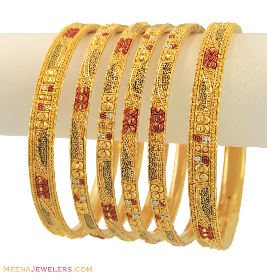 22k Gold Three Tone Bangles Set - BaSt10612 - 22k gold Three-Tone ...