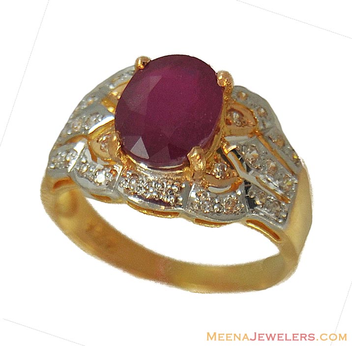22k Gold Ruby And Cz Ring - RiLp9207 - 22K Gold Ruby Ring with studded ...