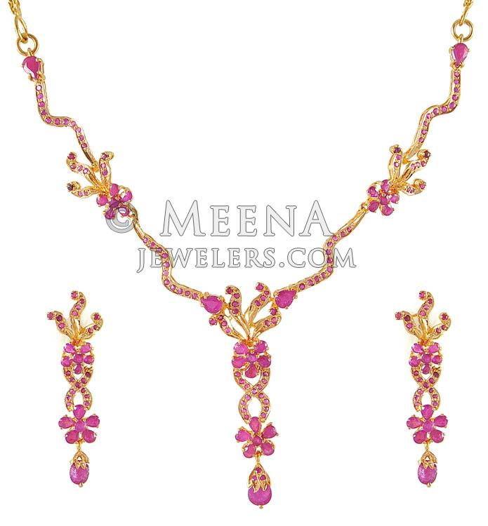 22K Gold Ruby Necklace Set - PsRu4283 - 22K Gold fancy Indian Ruby ...