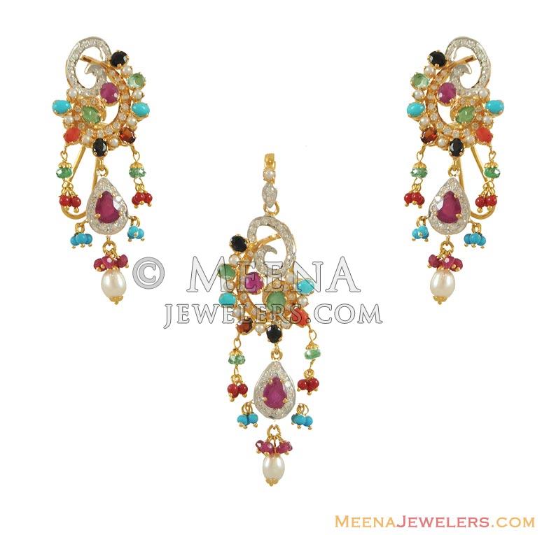 22K Gold Colorful Pendant Set - PsPs9631 - 22K Gold Colorful Pendant ...