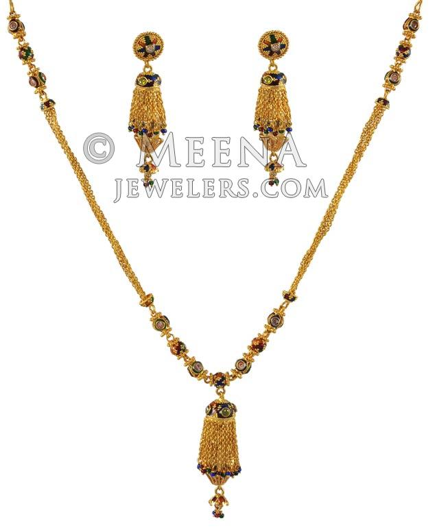 Gold MeenaKari Necklace Set(22k) - StLGo1386 - 22K Gold Antique ...