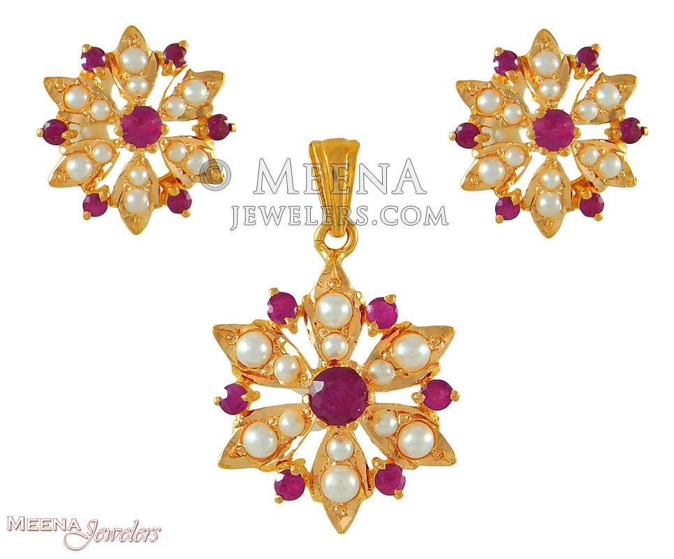 22Kt Gold Ruby and Pearl Pendant Set - PsPs3516 - 22Kt Gold Pendant Set ...