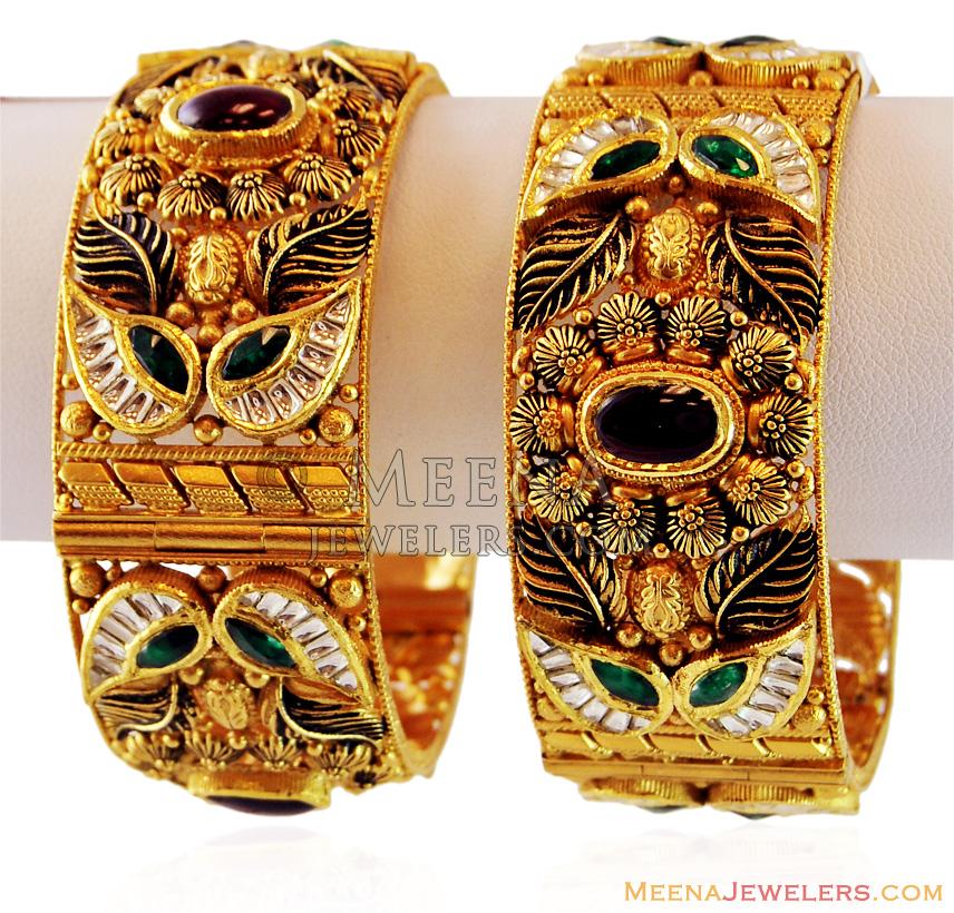 22k Gold Antique Kada(2Pc) - BaAn16202 - 22k Gold Designer kada (2 Pc ...