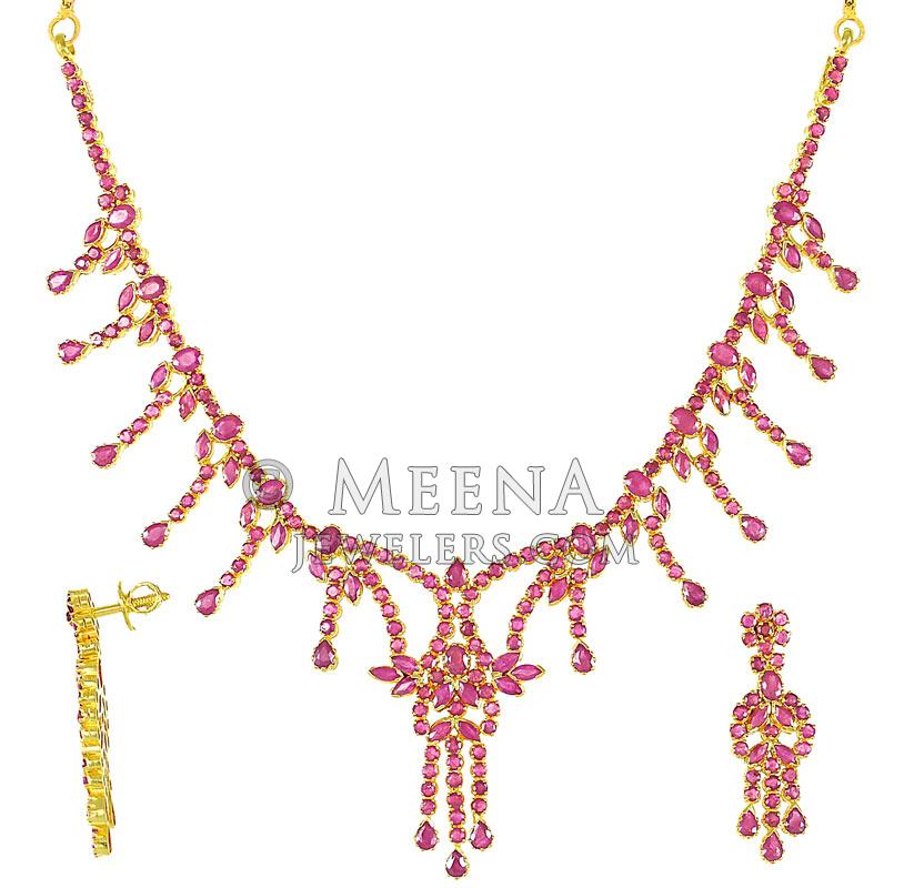 22K Gold Ruby Necklace Set - PsRu2744 - 22K Gold Ruby Necklace and ...