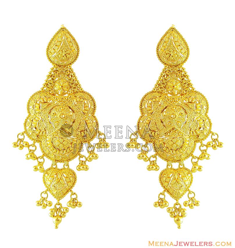 22k Designer Long Filigree Earrings - ErFc12613 - 22Kt Yellow gold ...