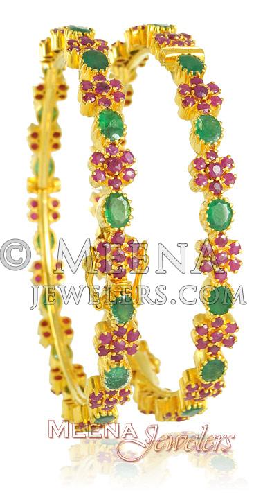 22K Ruby and Emerald Bangles - BaPs3266 - 22Kt Gold Bangles ( set of 2 ...