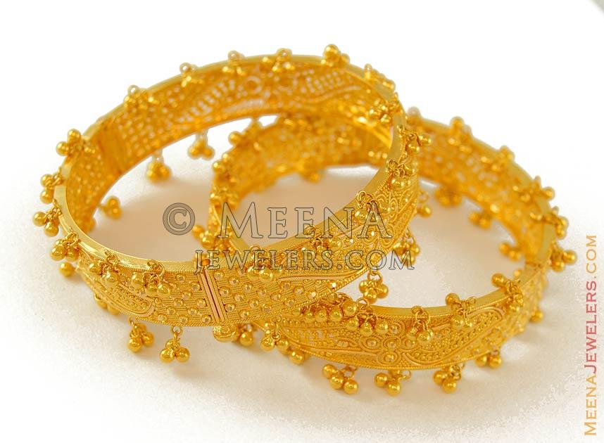 Gold Kadas with Ghoogri - BaKa6272 - 22Kt Gold Kadas (2 pcs) with ...