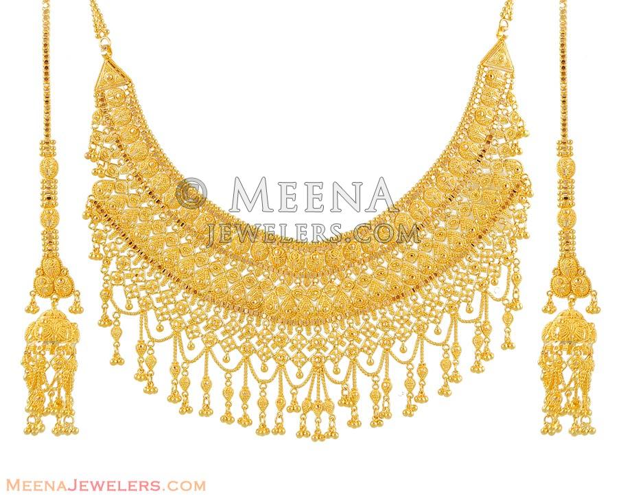 22Kt Gold Bridal Necklace and Earrings Set - StBr6105 - 22Kt Gold ...