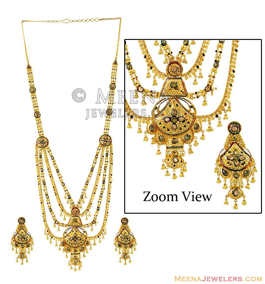 22K Gold Long Bridal Necklace Set - StBr13061 - 22K Indian designer ...