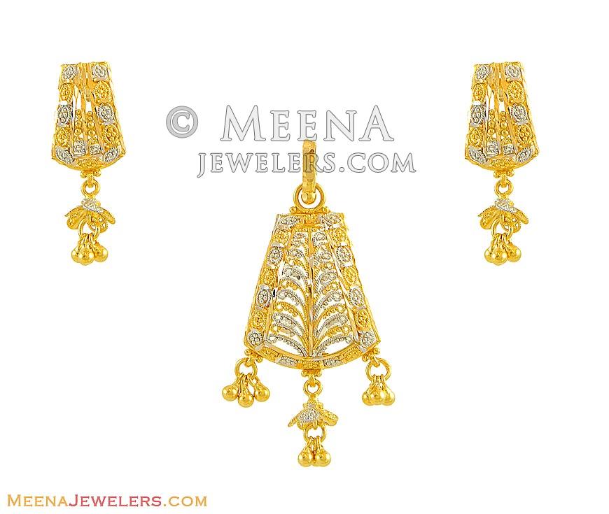 22k Two Tone Pendant Set - PsYg8461 - 22K gold pendant and earrings set ...