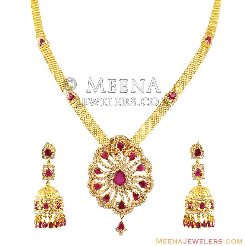 22K Designer Gold Ruby Set - StPs12561 - 22k gold necklace & earrings ...