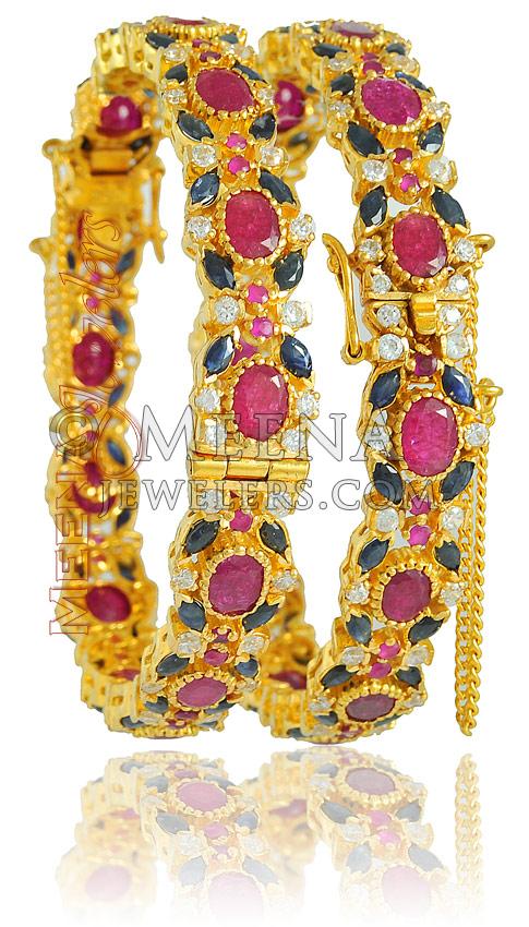 Gold Sapphire, Ruby Bangles (22K precious stone bangles), 22kt gold ...