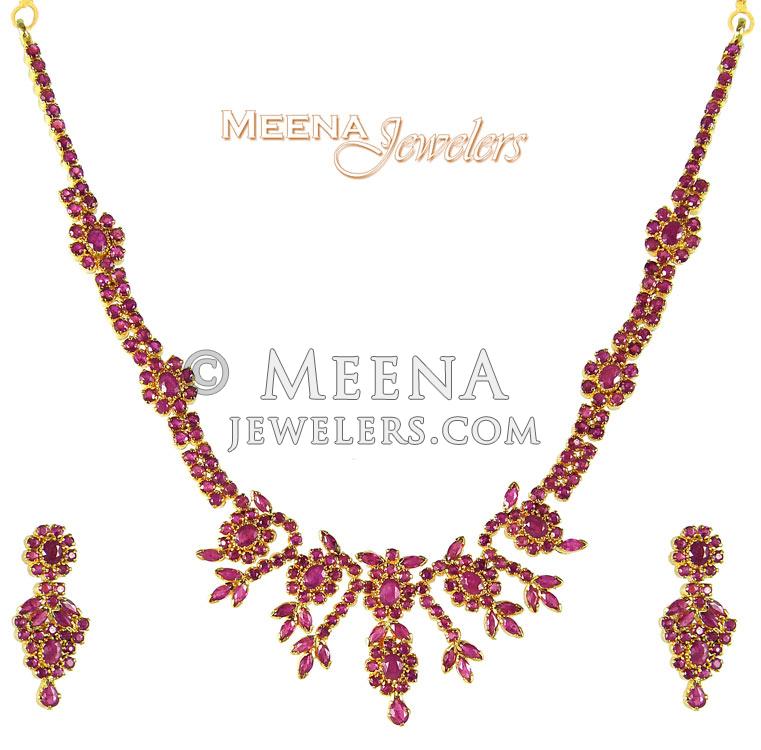 22K Gold Ruby Designer Necklace Set - PsRu2672 - 22K Gold Designer ...