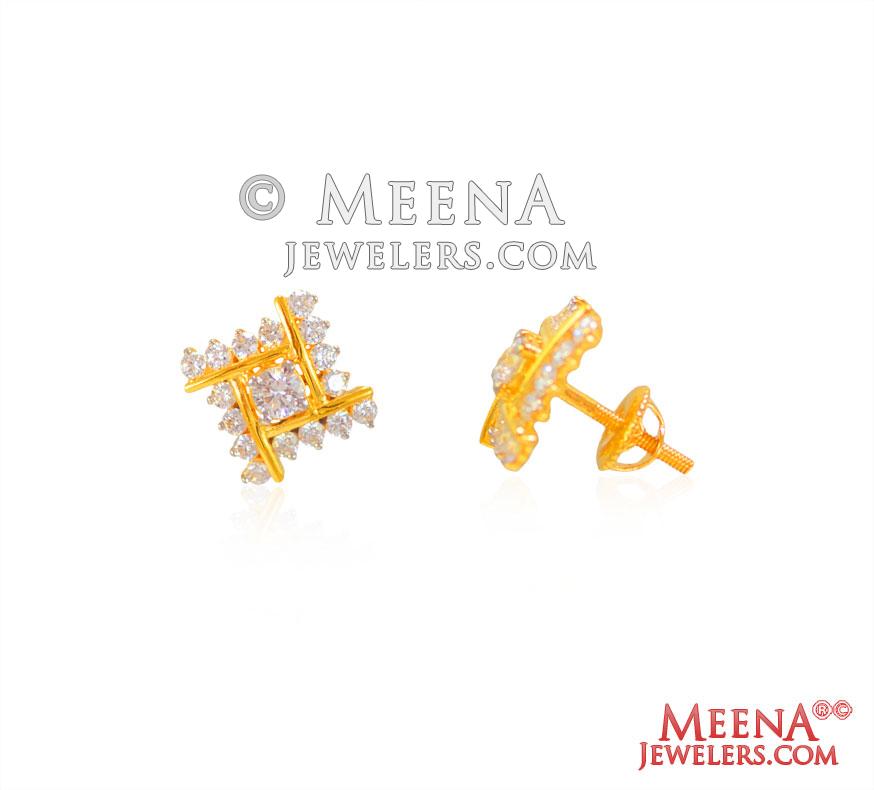 22K Gold Signity Earrings - ErSi25676 - Square shape stud earrings ...