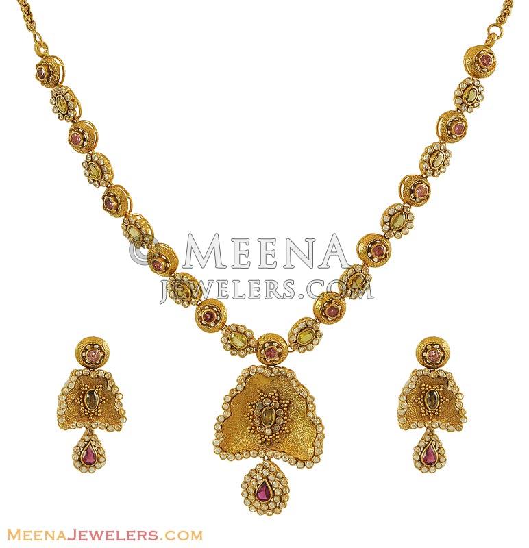 22K Fancy Necklace Set - StAn9008 - 22K Gold fancy Antique finished ...