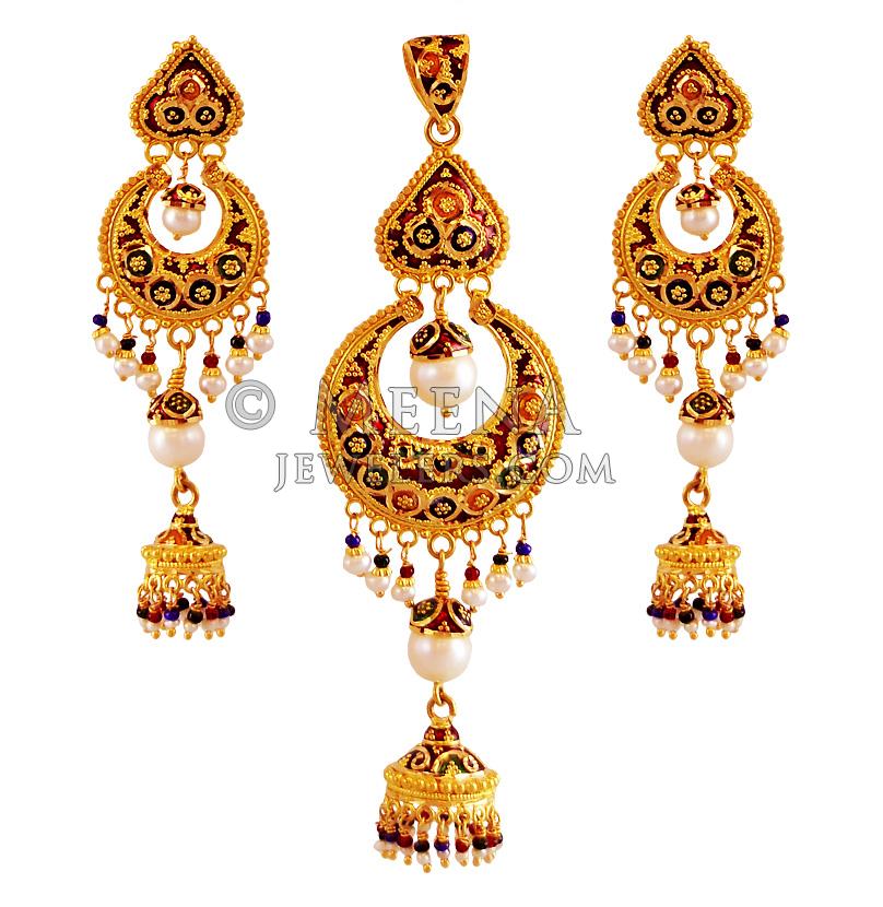 Meenakari Chand Bali Pendant Set - PsYg18213 - Exclusive 22K Gold Chand ...