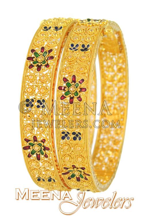 Gold MeenaKari Kadas - BaKa2569 - 22Kt MeenaKari Gold Filigree-Work ... Gold MeenaKari Kadas - BaKa2569 - 22Kt MeenaKari Gold Filigree-Work ...