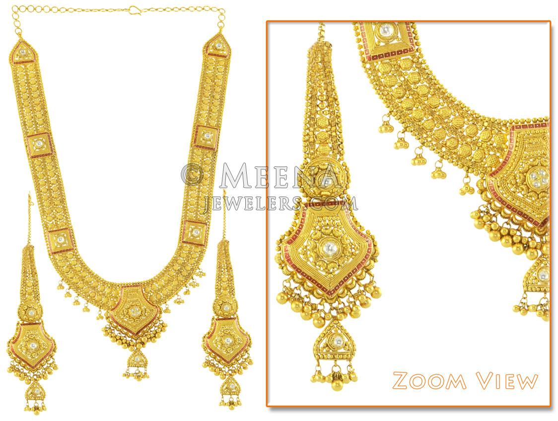 22K Bridal Necklace and Earrings Set, Antique finish with Kundan and ...