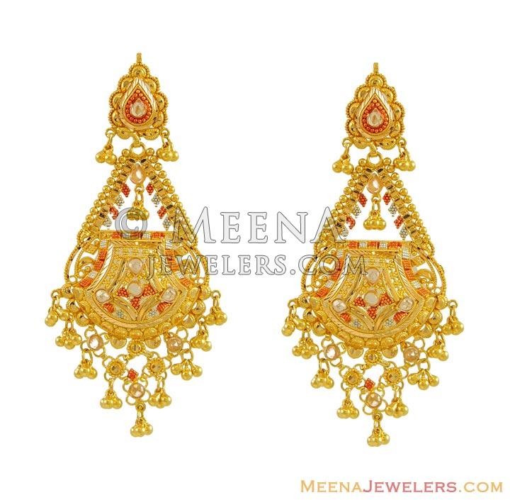 22K Tri Color Gold Earrings - ErFc9314 - 22Kt gold earrings with ...