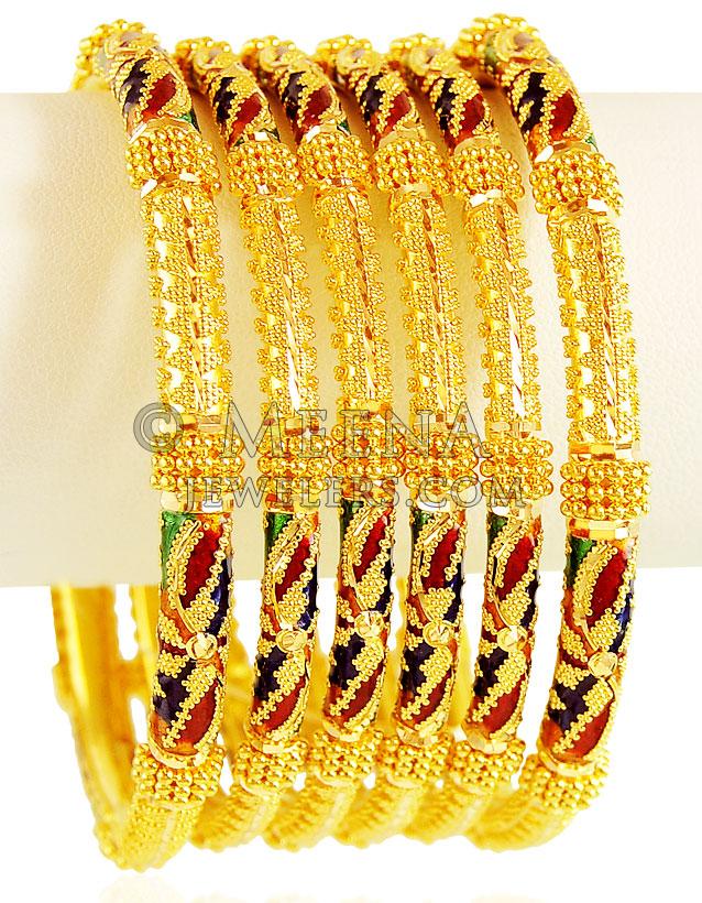 22 Karatt Gold Meena Bangles 2 PCs - BaSt19745 - 22k Gold pipe bangles ...