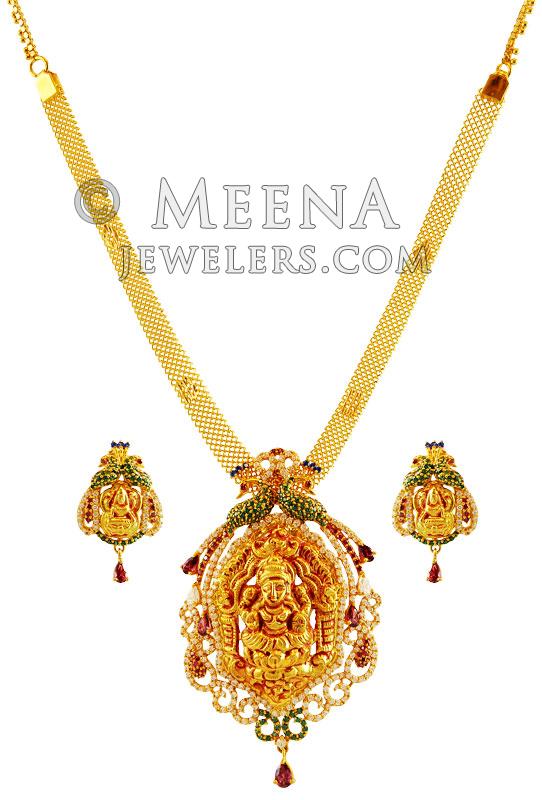 22K Gold Temple Necklace Set - StGd17909 - 22K Gold Temple Necklace and ...