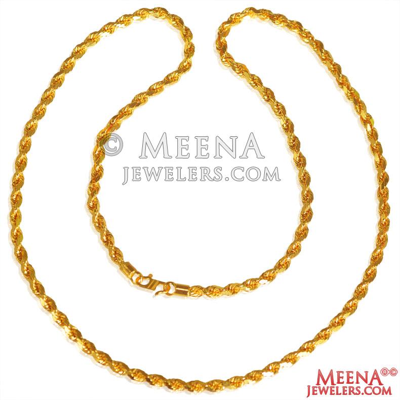 22K Rope Gold Chain - ChPl26099 - 22K Gold Rope Chain in machine cut ...