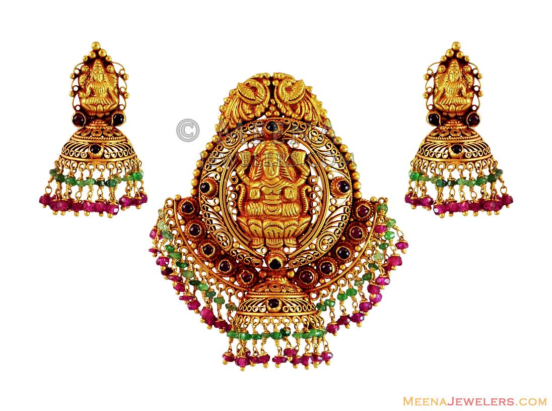 22K Antique Temple Pendant Set - PsAn16124 - 22K Gold Pendant and ...
