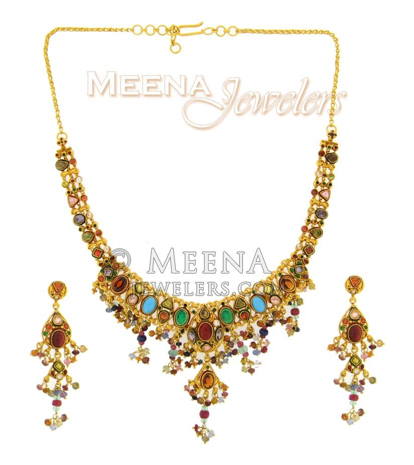 22Kt Antique Gold Necklace Set - StAn1327 - 22 Kt Gold Antique finished ...