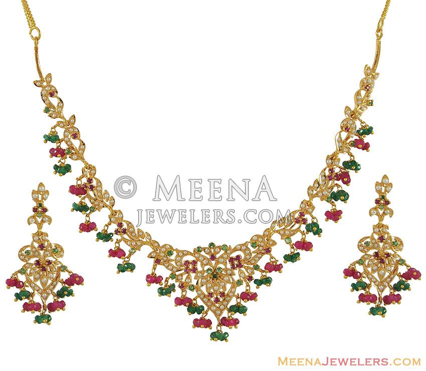 Pakistani Necklace Set with Precious Stones - StPs7308 - 22Kt Gold ...