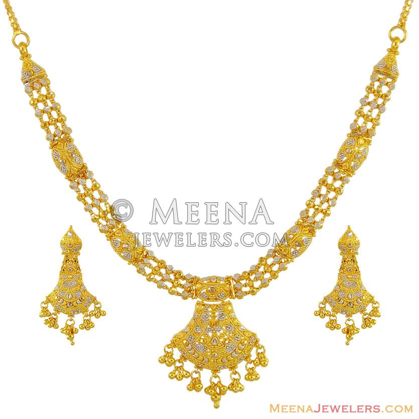 22k 2 Tone Necklace Earring Set - StGd11858 - 22k gold necklace earring set beautifully hand ...