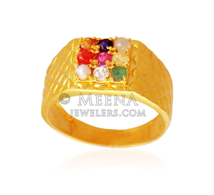 Mens Navratna Gold Ring - RiMs18455 - 22k Gold Traditional Navaratna ...