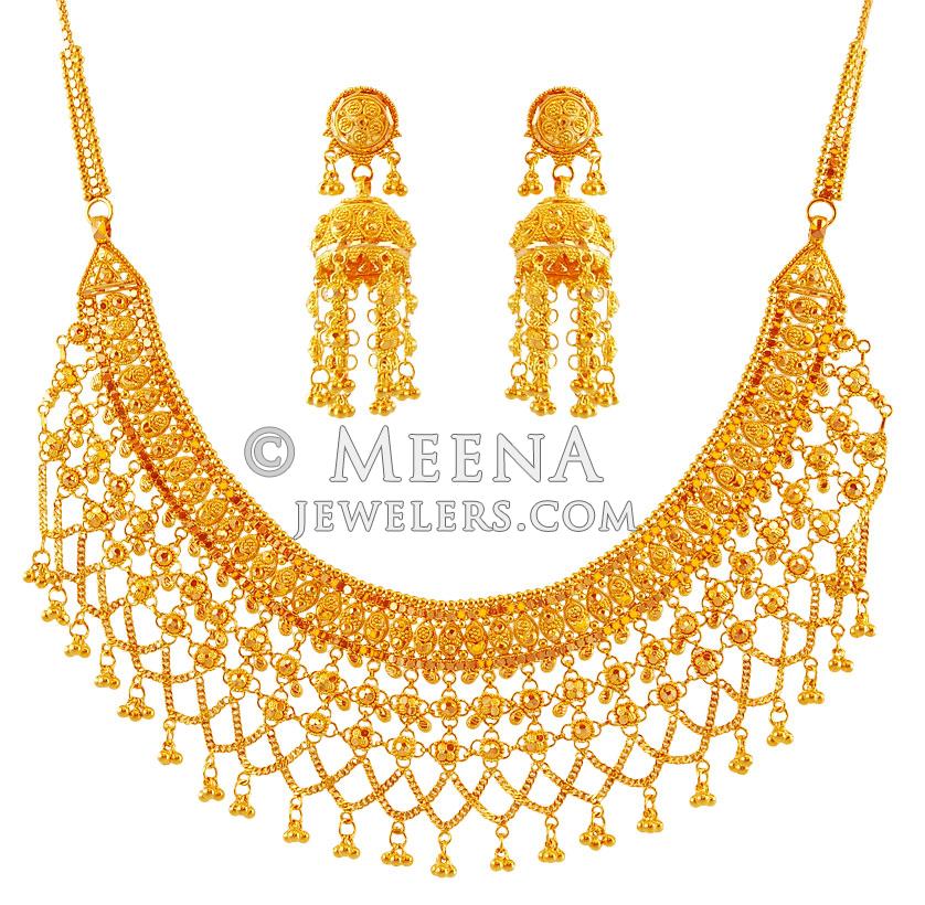 22K Gold Bridal Necklace Set - StBr17760 - 22K Gold bridal necklace and ...