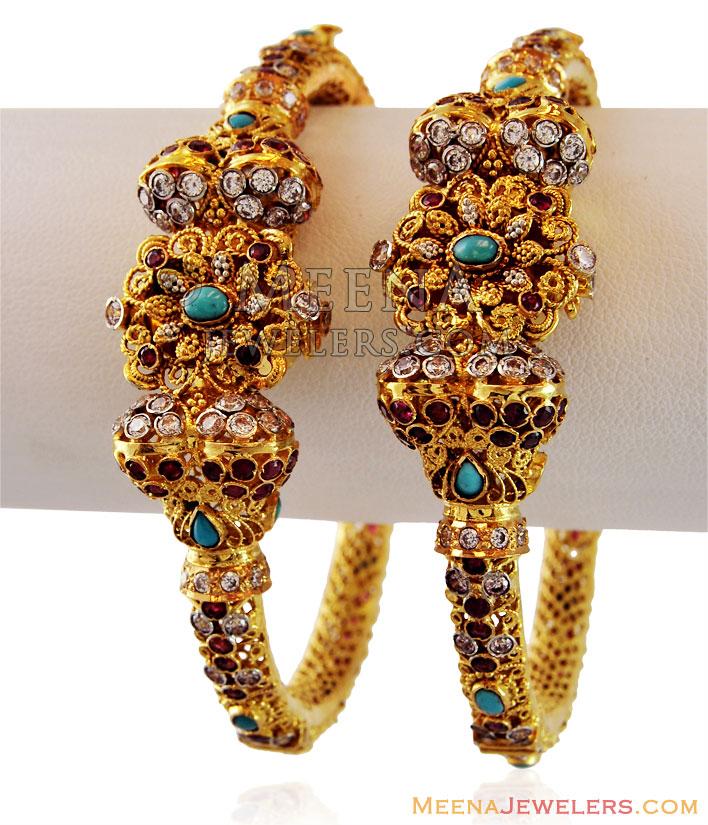 22K Gold Antique Kada (2PCs) - BaKa17127 - 22K Gold Pakistani style ...