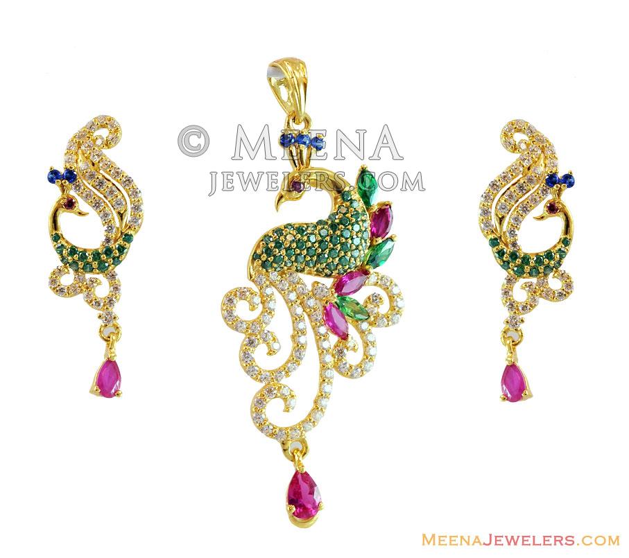 22k Gold Peacock Pendant Set - PsFc14294 - 22k gold peacock style ...