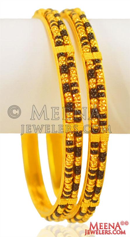 22k Gold Black Beads Bangles (2PC) - bago26398 - 22k Gold Black Beads ...