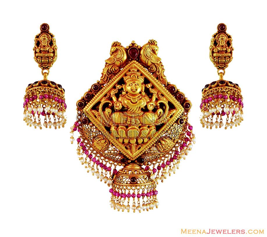Traditional Temple Pendant Set 22K - PsAn16125 - 22K Gold Pendant and ...