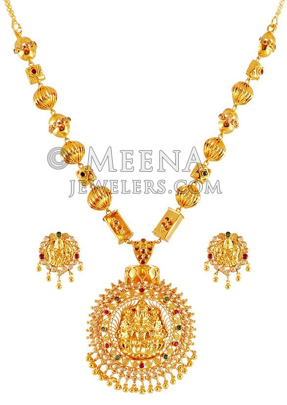 22K Temple Necklace Set - StGd17615 - 22K Gold Temple Necklace and ...