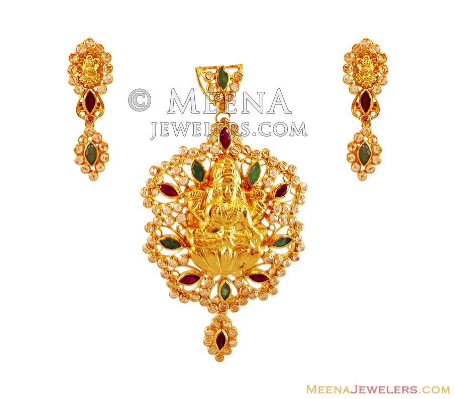 22K Gold Stones Pendant Set - PsPs16181 - 22K Gold Pendant and Earrings ...