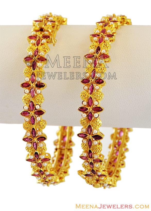 22K Floral Designed Ruby Bangles - BaPs13244 - 22 Karat Gold Precious ...
