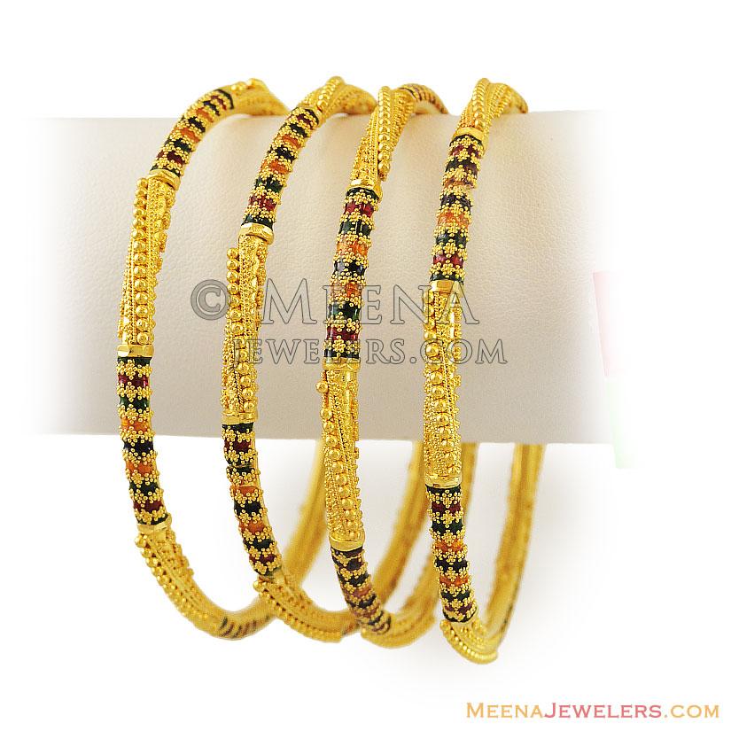 22K Meenakari Pipe Bangles - BaSt11710 - 22k Gold Meenakari Bangles (4 ...
