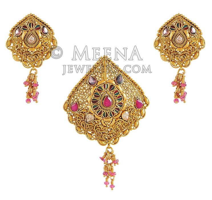 22Kt Gold Pendant Set - PsAn4059 - 22Kt Gold Antique finished Pendant ...