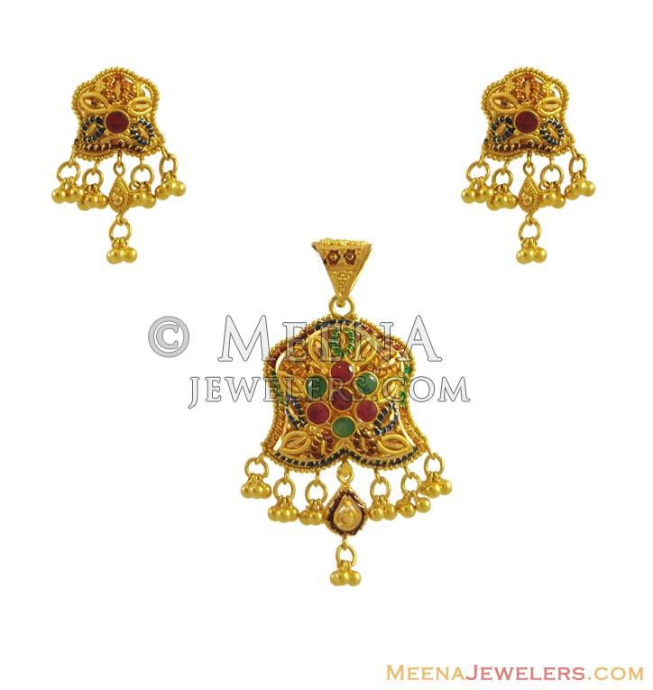 22K Gold Colorful Pendant Set - PsYg9294 - 22Kt Gold Pendant and ...