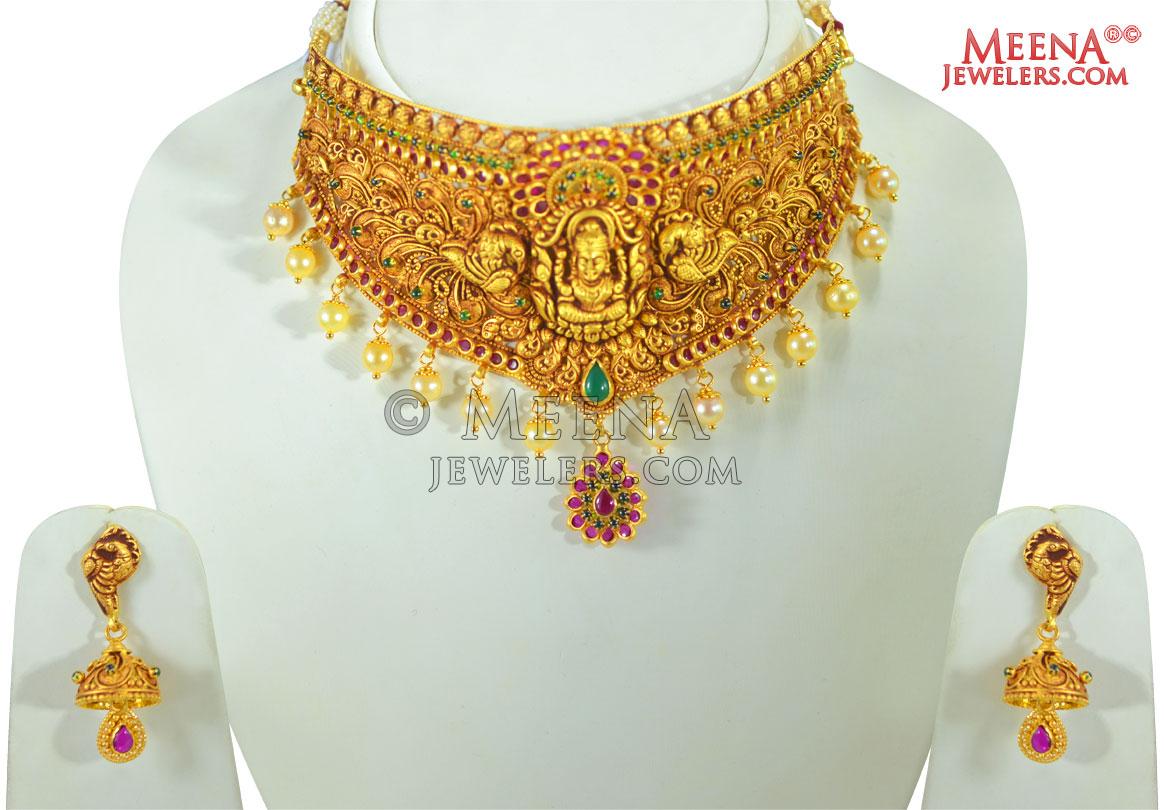 22 Karat Gold Temple Necklace Set - StAn25174 - 22K Gold chokar style ...
